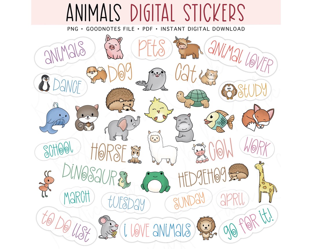 CUTE ANIMALS Digital Stickers for Goodnotes, Pets Pre-cropped Digital ...
