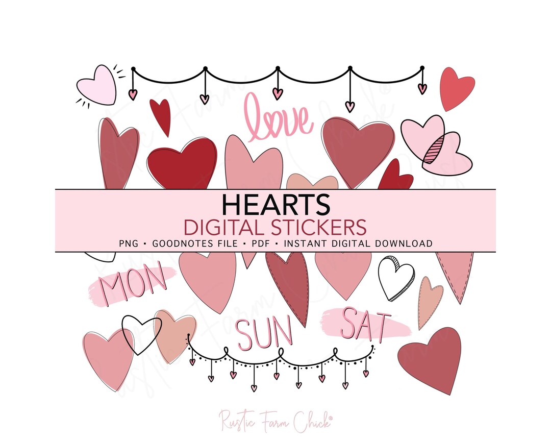 HEARTS & LOVE Digital Stickers, Valentine Pre-cropped Digital Planner ...