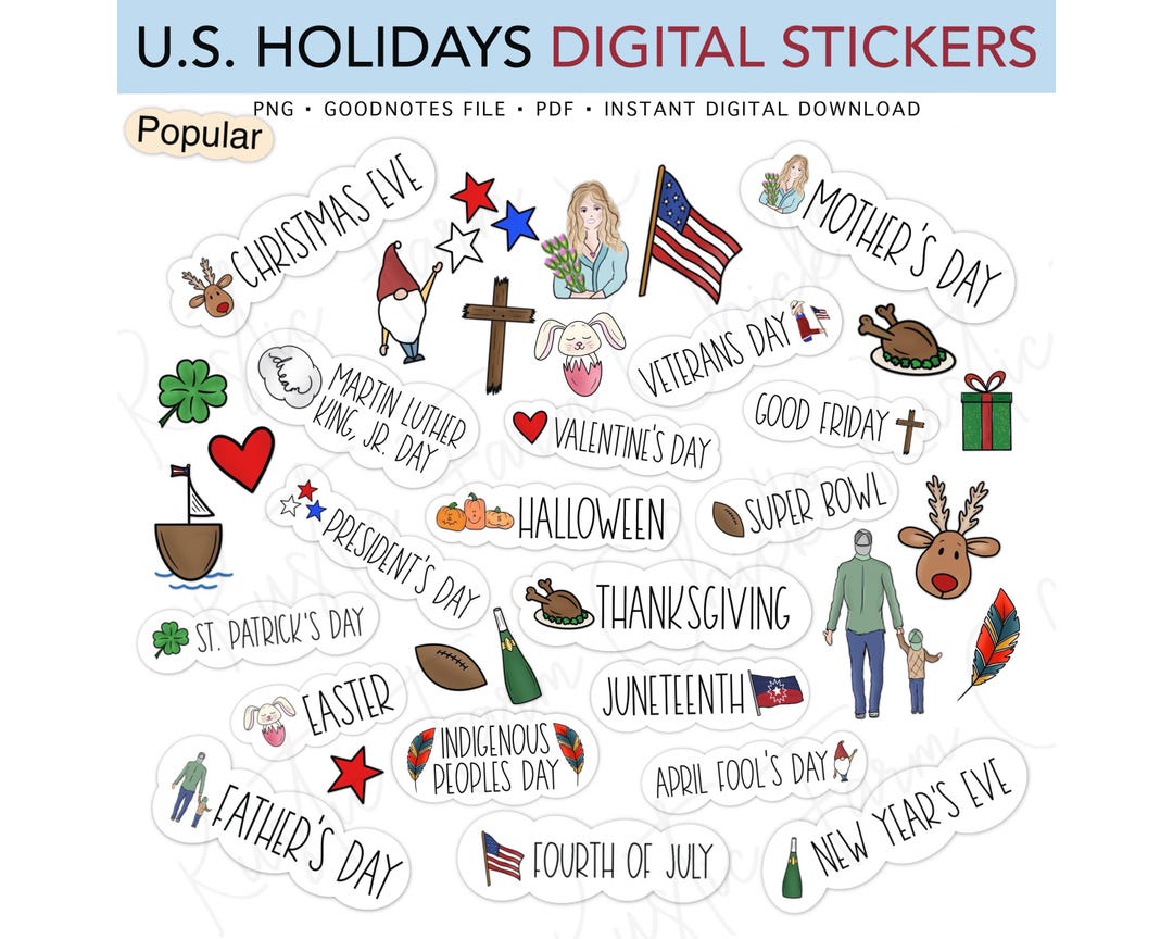 NATIONAL U.S. HOLIDAYS Digital Stickers, Federal Holidays Pre-cropped ...