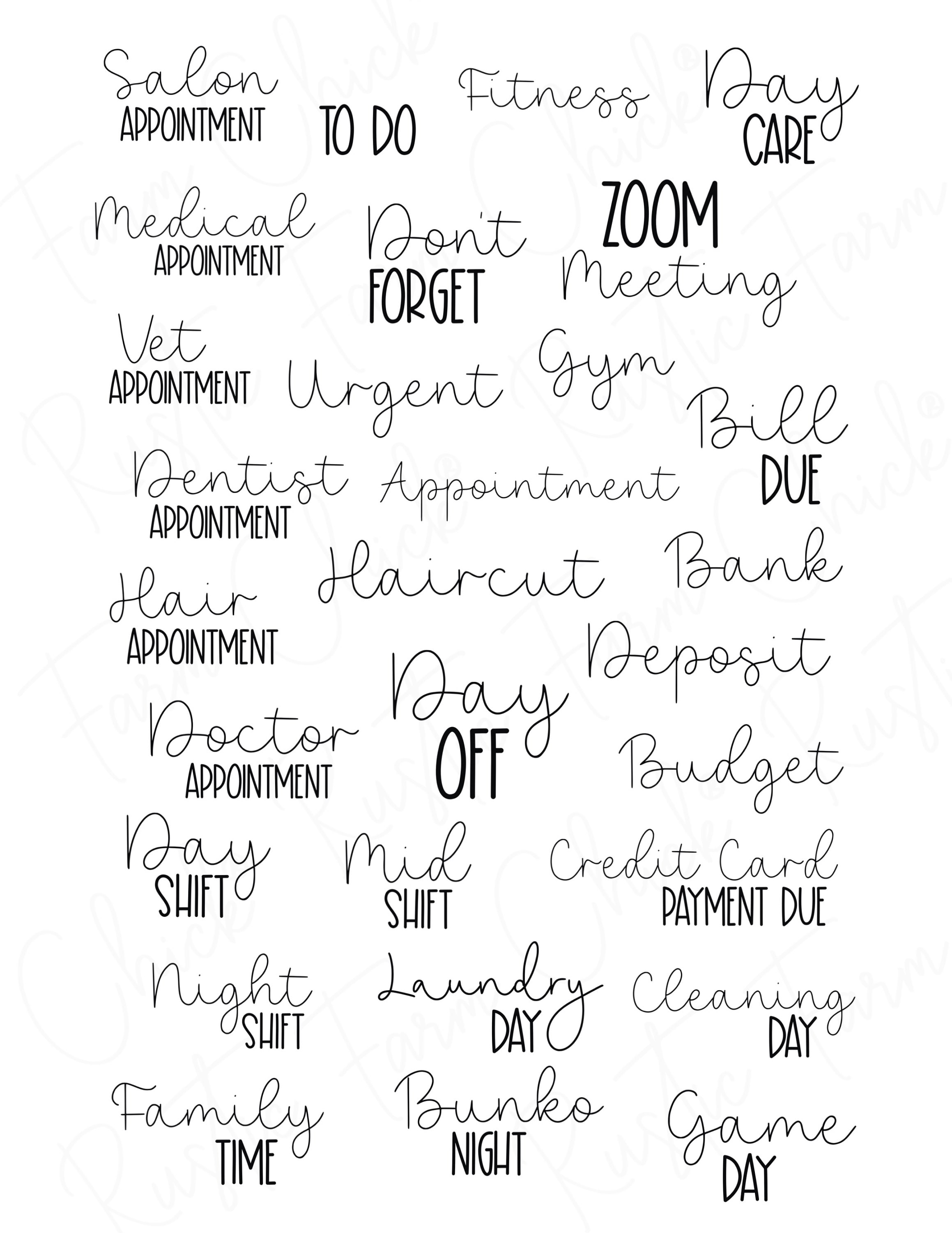 PLANNER WORDS Digital Stickers, Basic Calendar Pre-cropped Digital ...