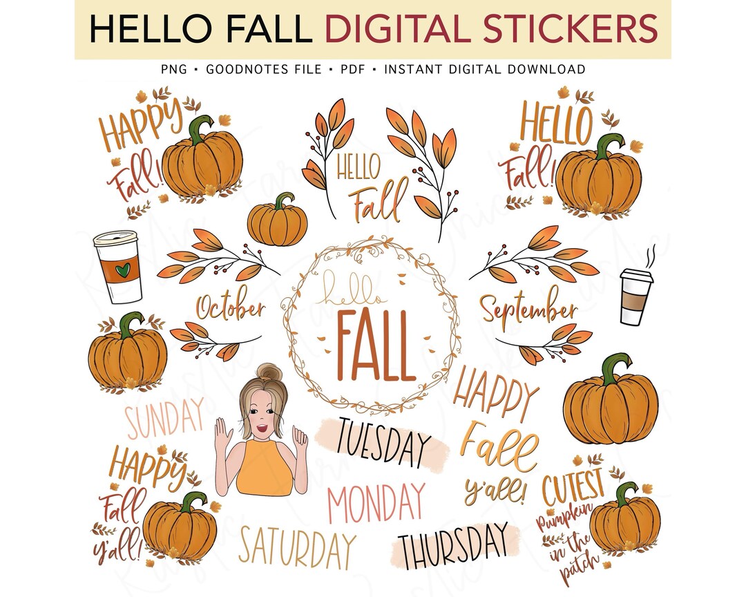 HELLO FALL Digital Stickers, PNG Digital Planner Stickers, Goodnotes ...