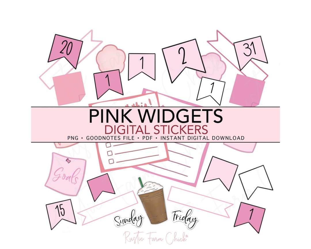 PLANNER WIDGETS & NUMBERS, Goodnotes Stickers, Pink Pre-cropped Digital ...