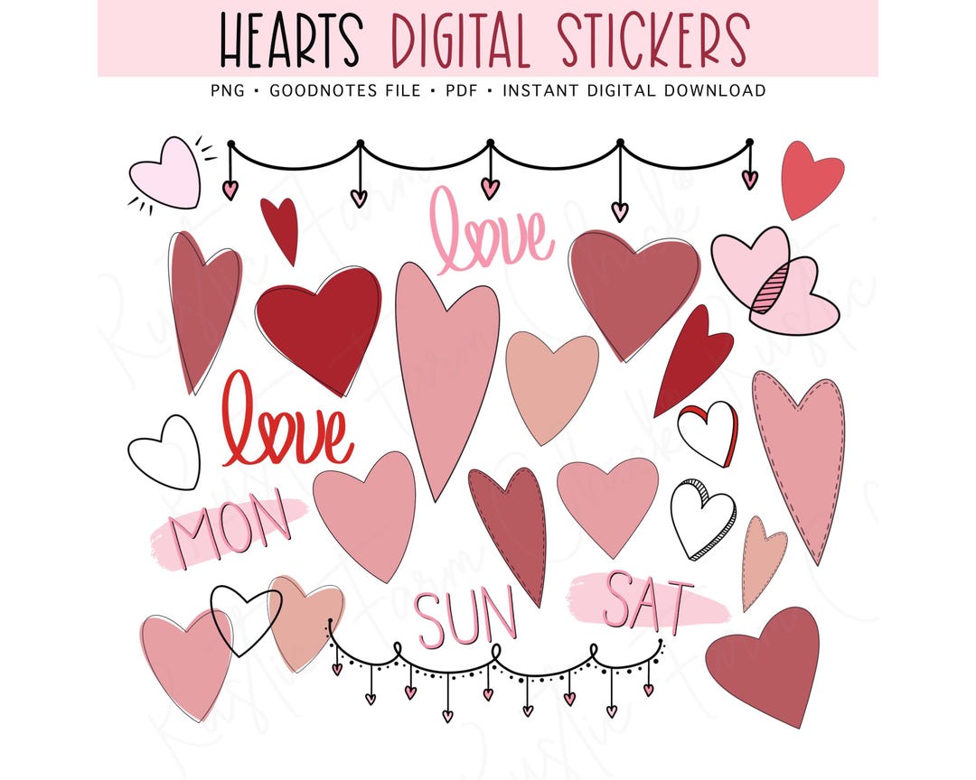 HEARTS Digital Stickers, Goodnotes Stickers, Valentine Pre-cropped ...