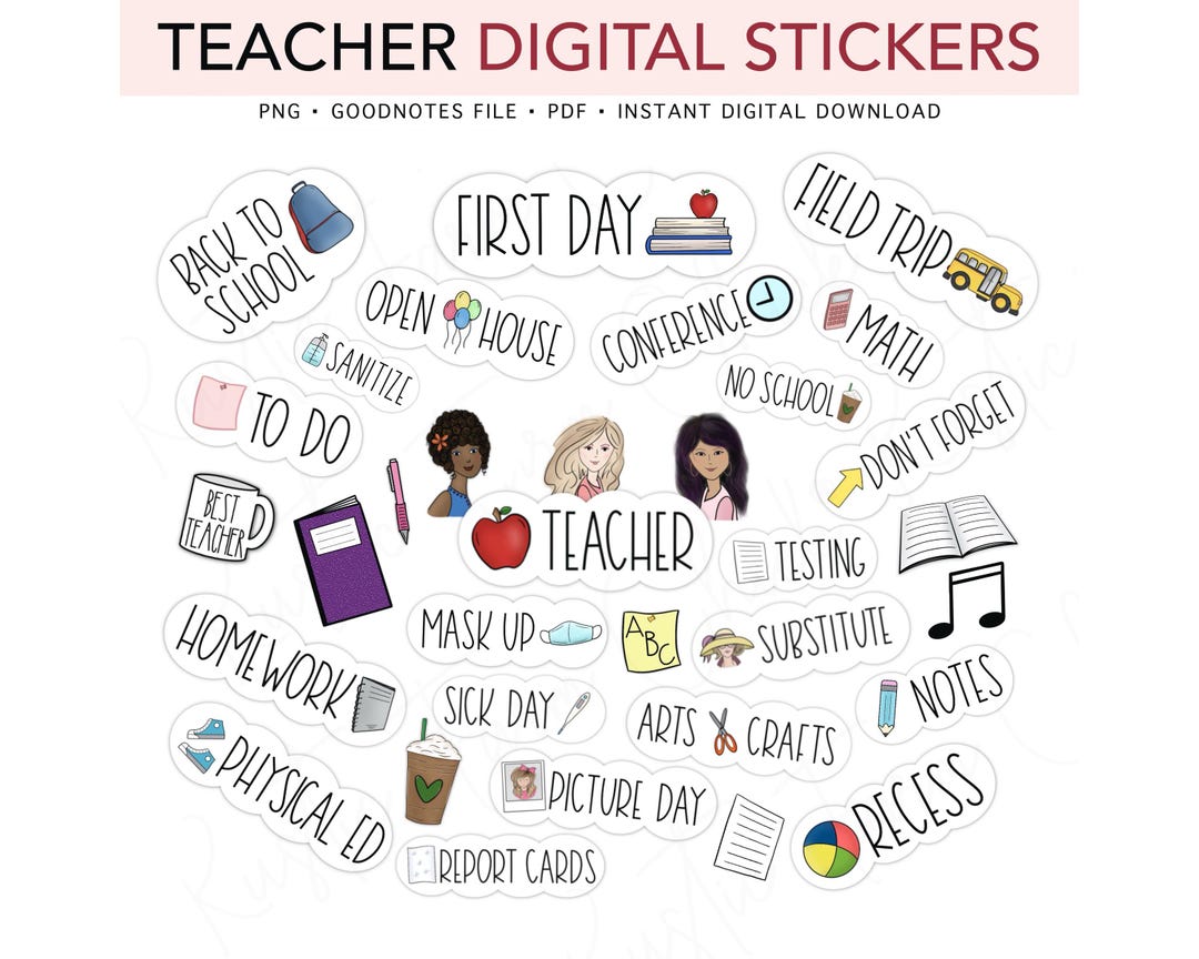 TEACHER Digital Stickers, School Pre-cropped Digital Planner Stickers ...