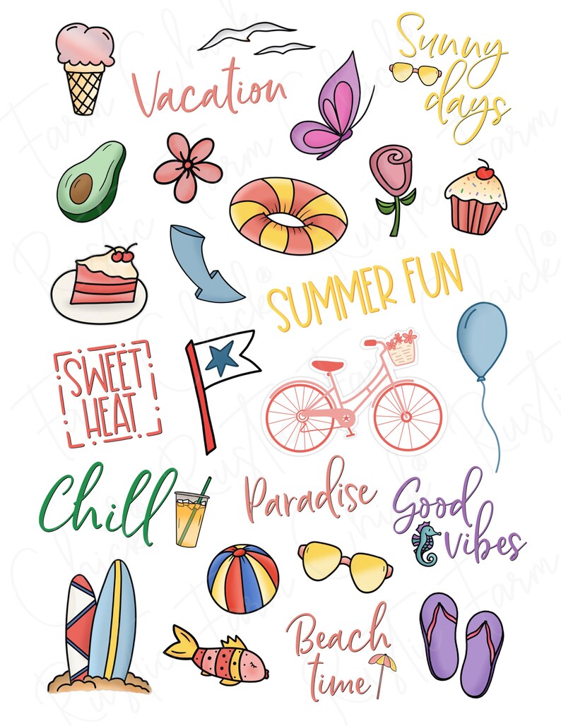 SUMMER Digital Stickers, Beach Vacation Pre-cropped Digital Planner ...