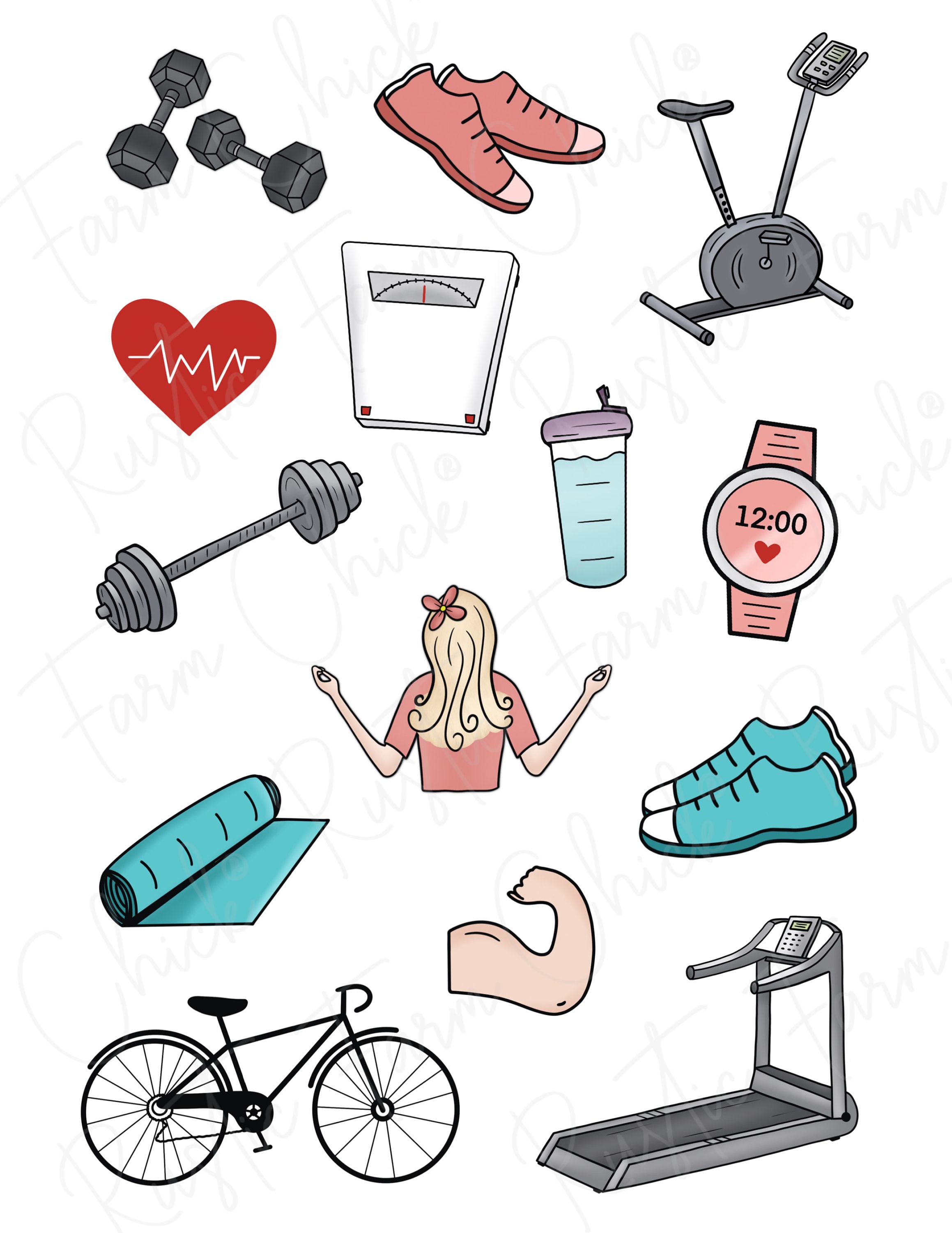 FITNESS, Exercise, Gym, Workout, Pre-cropped Digital Planner Stickers ...