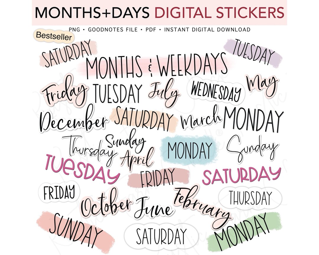 MONTHS & WEEKDAYS Digital Stickers, Basic Calendar Pre-cropped Digital ...