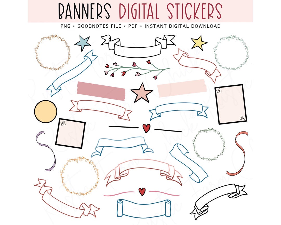 BANNERS Digital Stickers, Borders Pre-cropped Digital Planner Stickers ...
