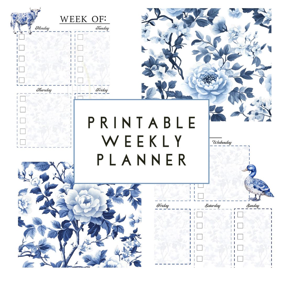 Vintage Weekly Planner - Printable Calendar - Blue and White Toile ...