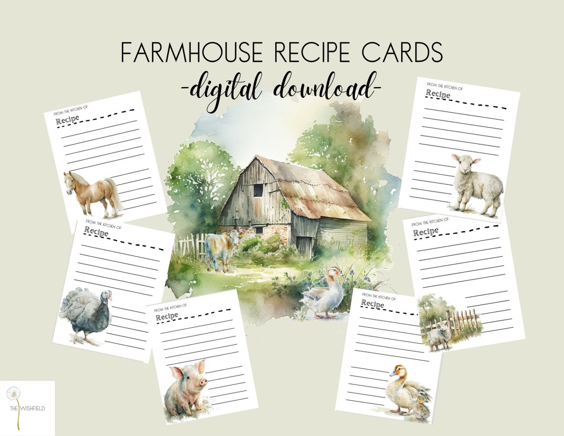Printable Farmhouse Recipe Cards DIGITAL DOWNLOAD DIY Kitchen Gifts - Etsy