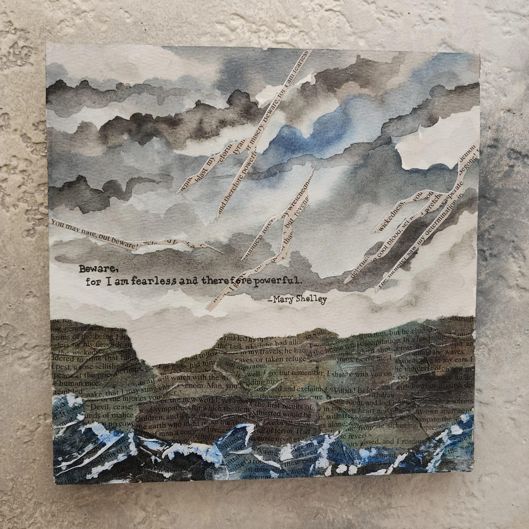 Frankenstein Literary Collage | Stormy Skies Painting, Gothic Coastal ...