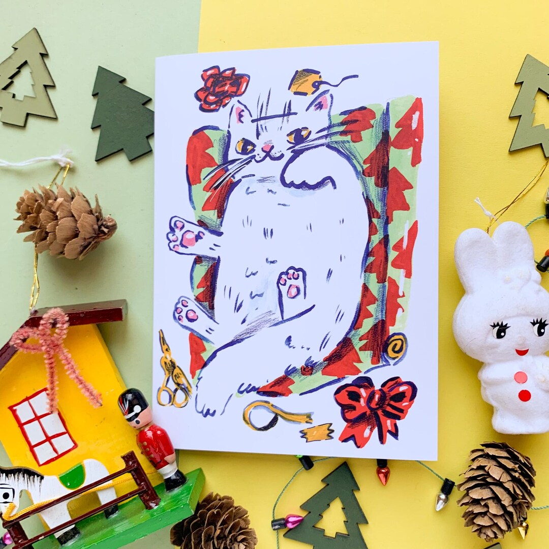 Merry Mischief Cat Christmas Card, Festive Xmas Greeting - Etsy