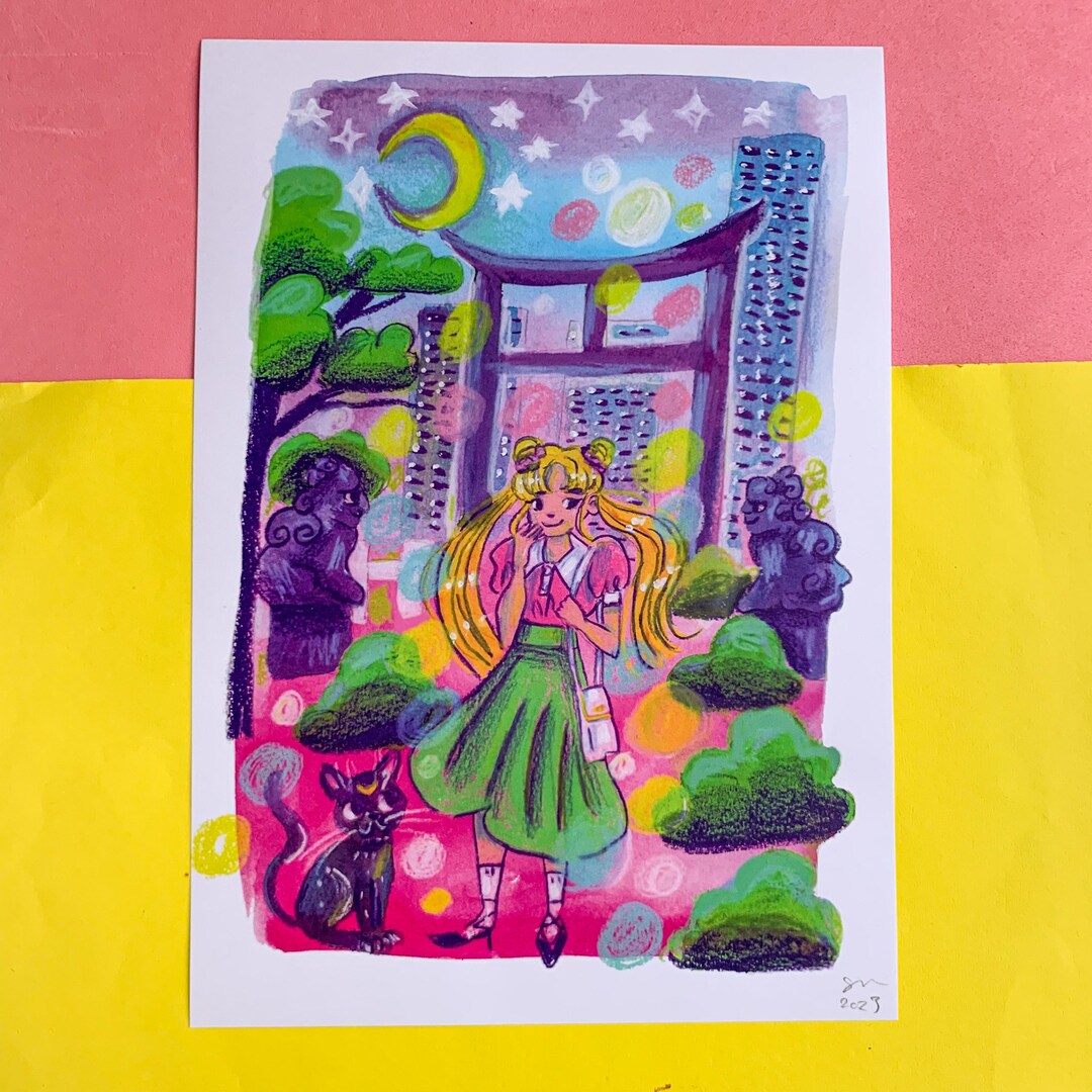 Moonlit Stroll A4 Art Print, Cute Kawaii Cat, Pastel Vaporwave, Anime ...