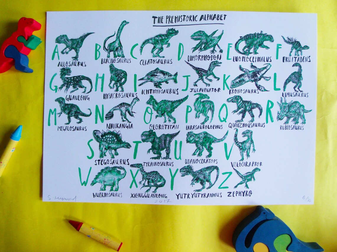 The Prehistoric Alphabet A3 Risograph Dinosaur Print | Etsy UK