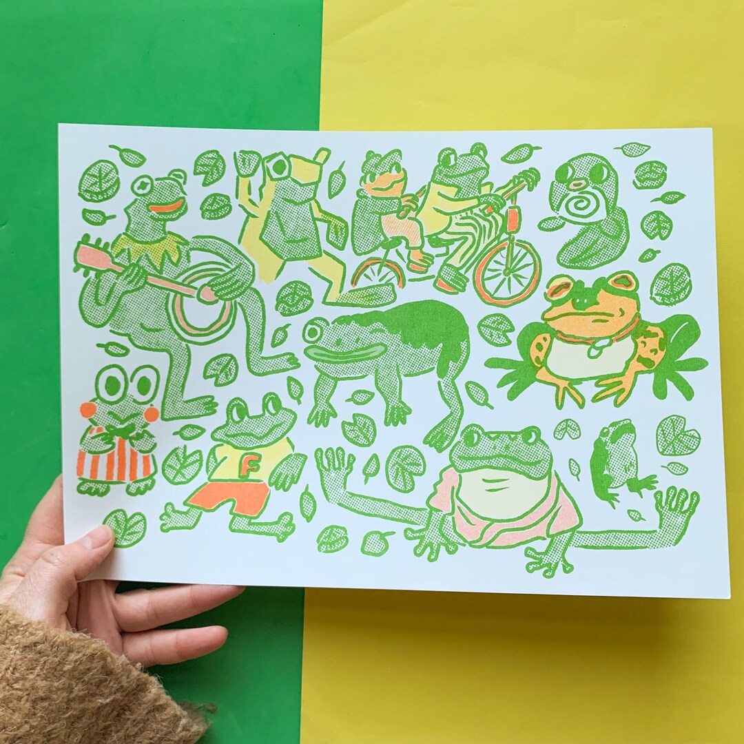 Famous Frogs A4 Riso Print, Risograph Illustration Art, Cute Funny Frog ...