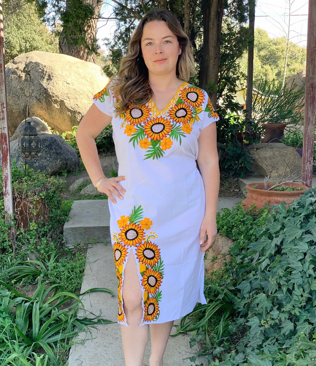Sunflower Colorful Mexican Dress Embroidered Flowers Summer BOHO Hippie ...