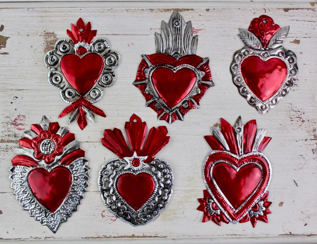 Medium Handmade Mexican Tin Ornaments-heart-sacred Heart-valentines Day ...