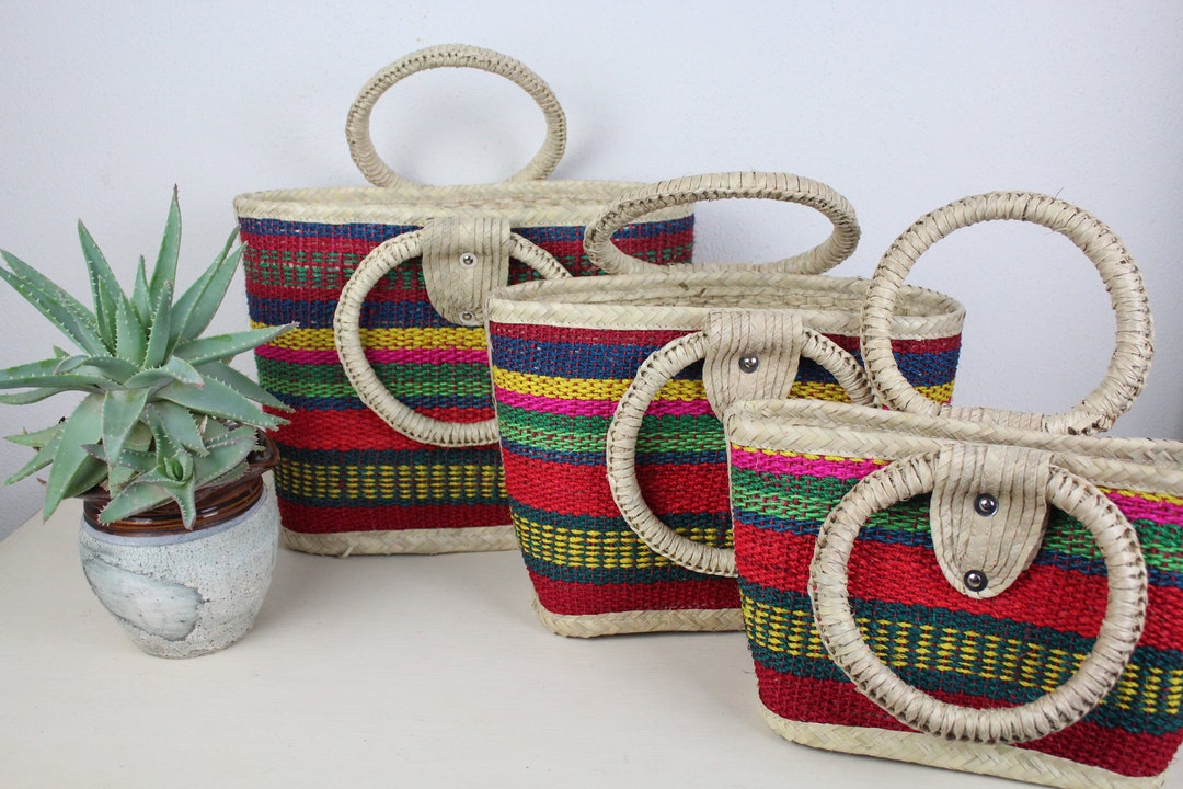 Colorful Handmade Woven Palm Leaf Bag With Round Handel-boho-hippie ...