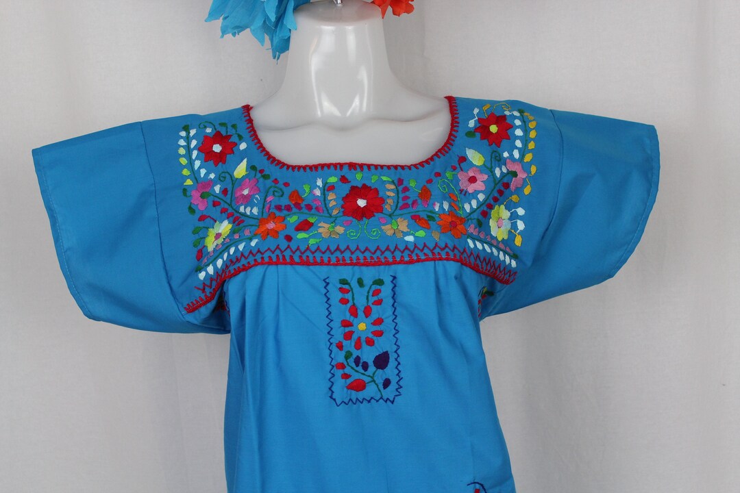 Mexican Embroidered Tunic -embroidered by Hand- Blue (small) BOHO ...