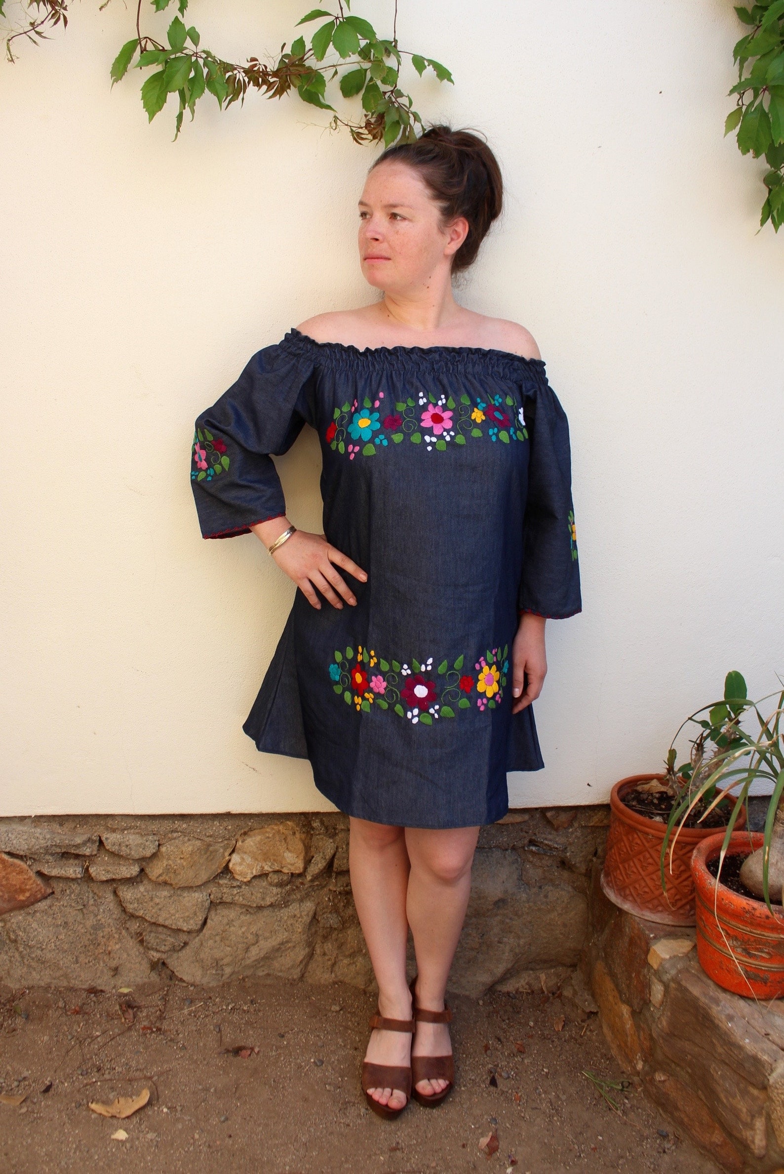Off the Shoulder Colorful Mexican Dress With Embroidered Flowers-denim ...