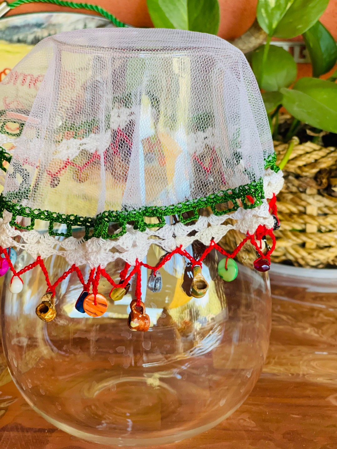 Crochet Pitcher Cover With Glass Beads Orange-green-red Kitsch- Mexico ...