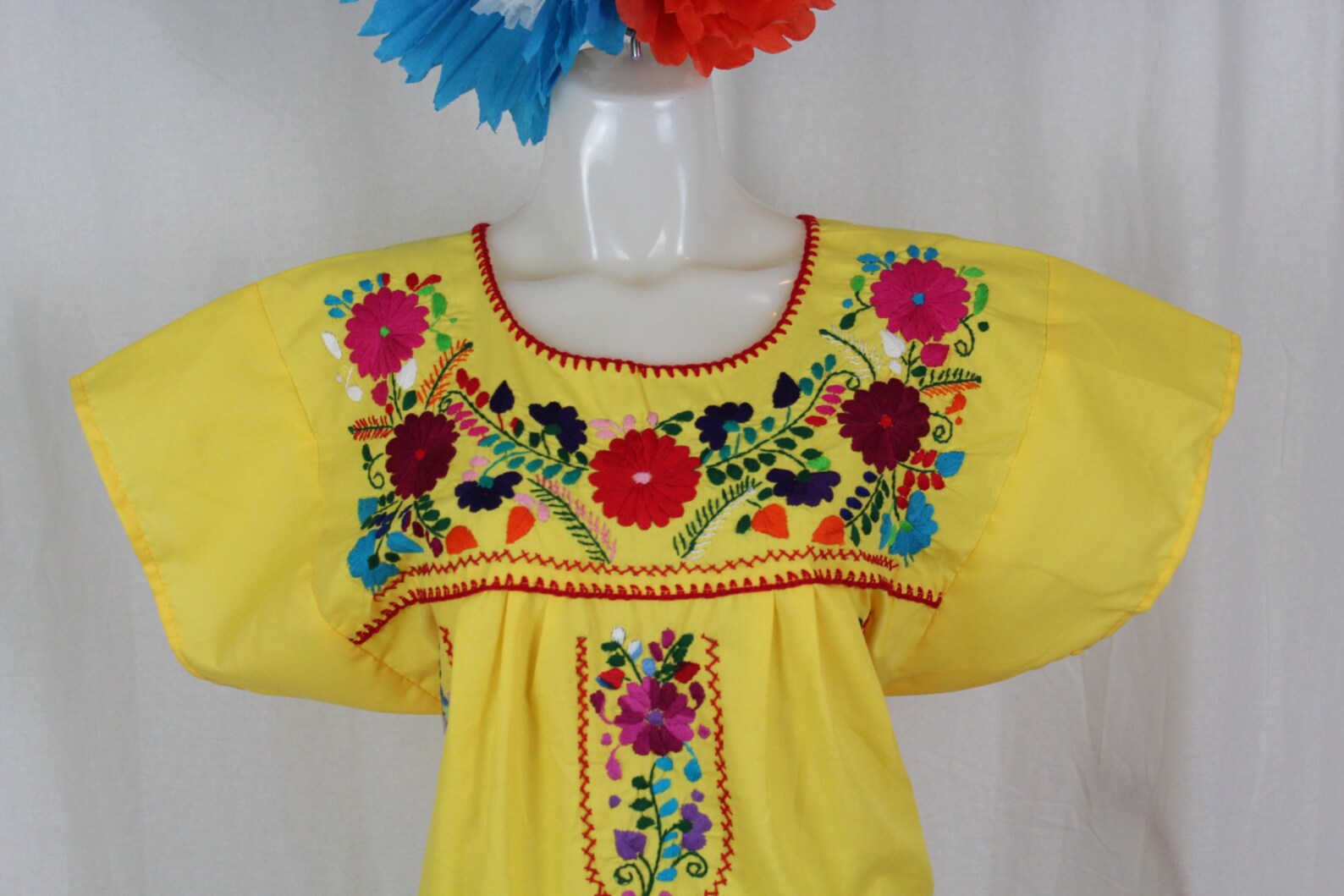 Mexican Tunic-flowers-hand Embroidered-medium-yellow-mini - Etsy