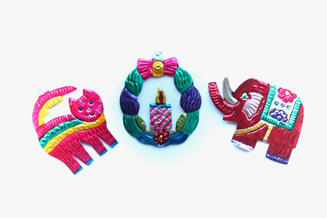 Handmade Mexican Tin Ornaments (set of 3) Vintage Christmas Tree-fiesta ...