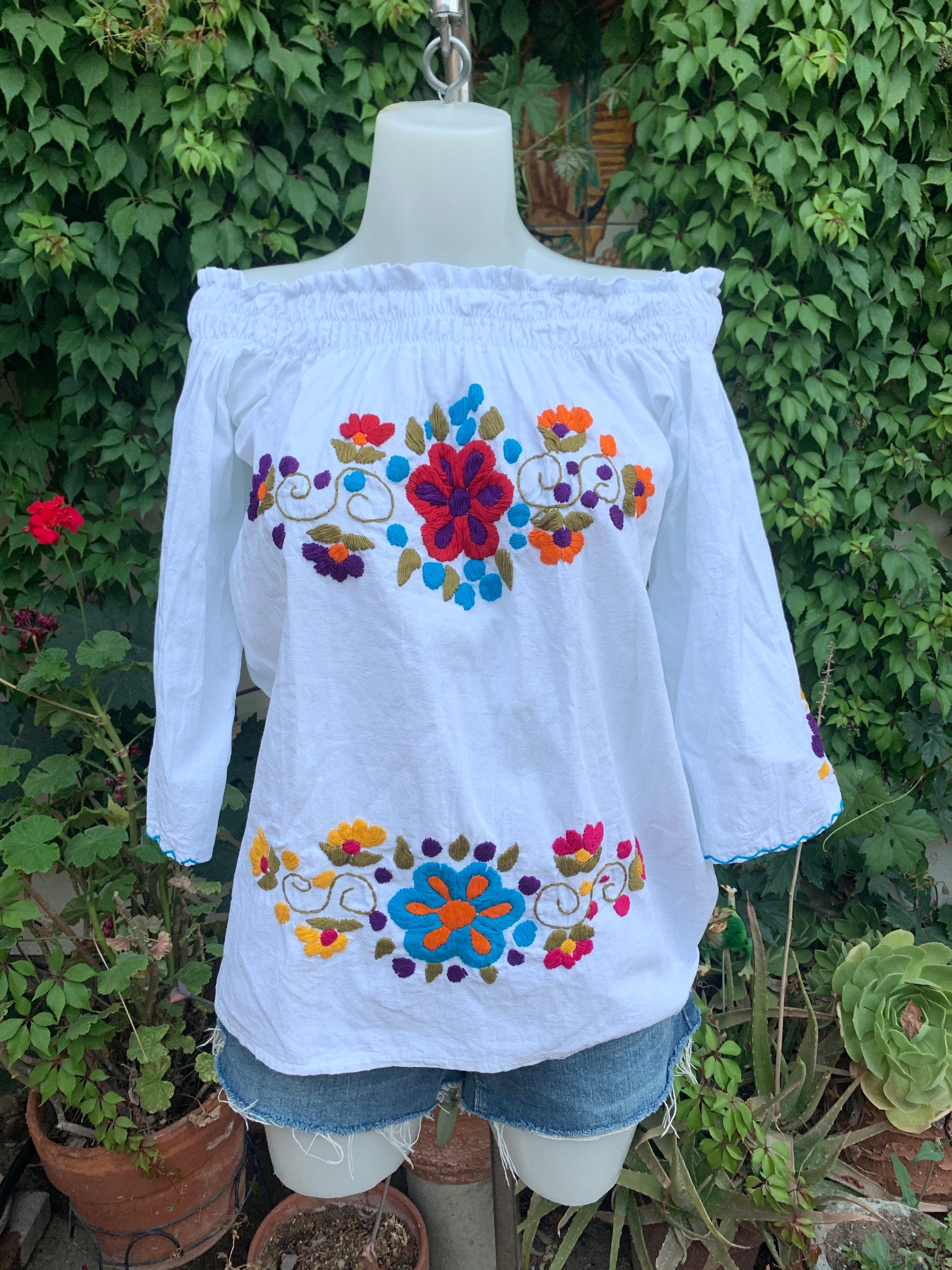 Off the Shoulder Colorful Mexican Top With Hand Embroidered - Etsy UK