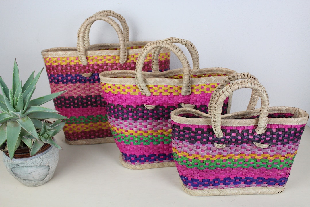 Colorful Handmade Woven Palm Leaf Bag With Round - Etsy