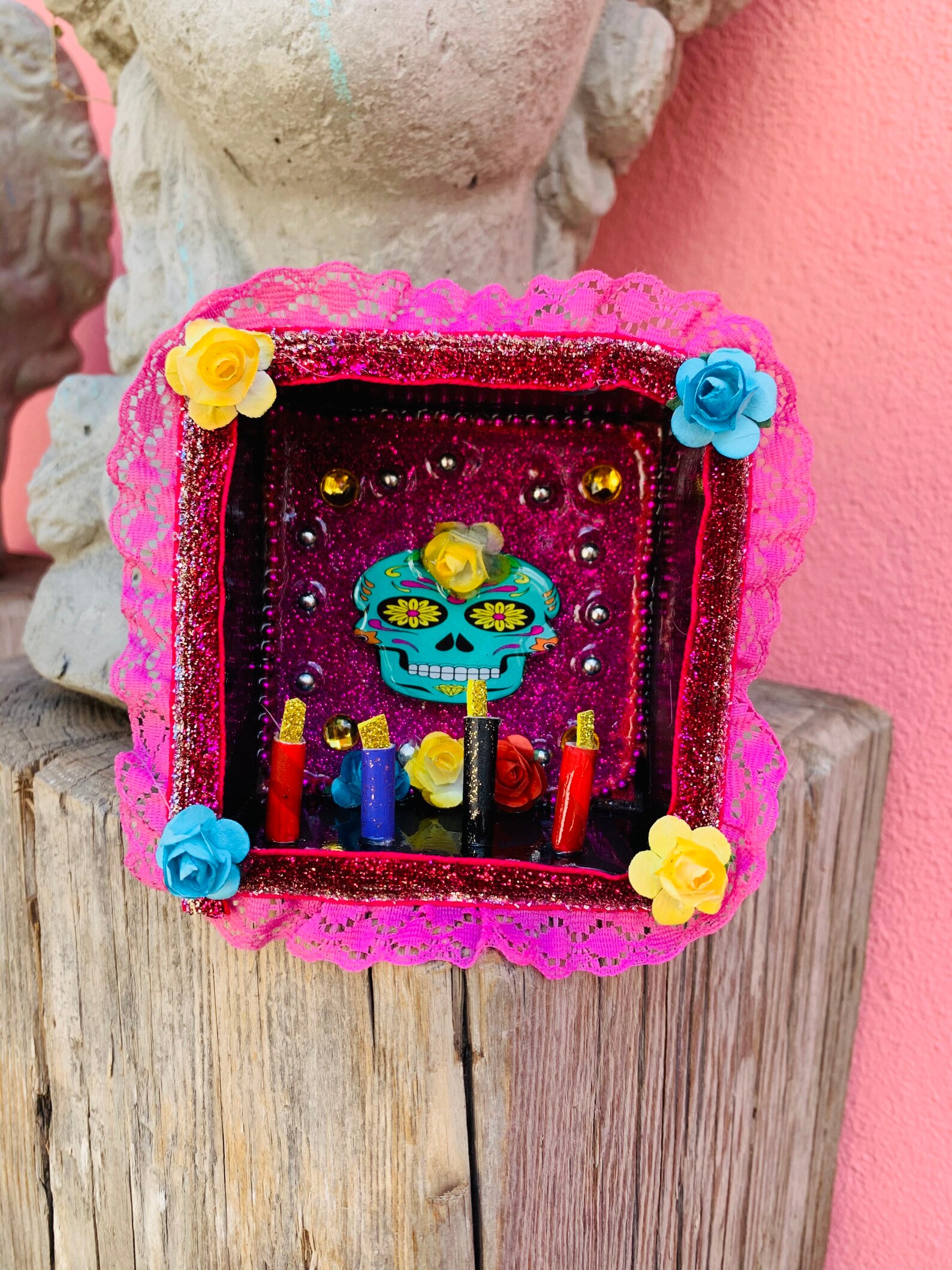 Sugar Skull Shadow Box Handmade Sacred Heart Amor Loved Lace 3D Fiesta ...