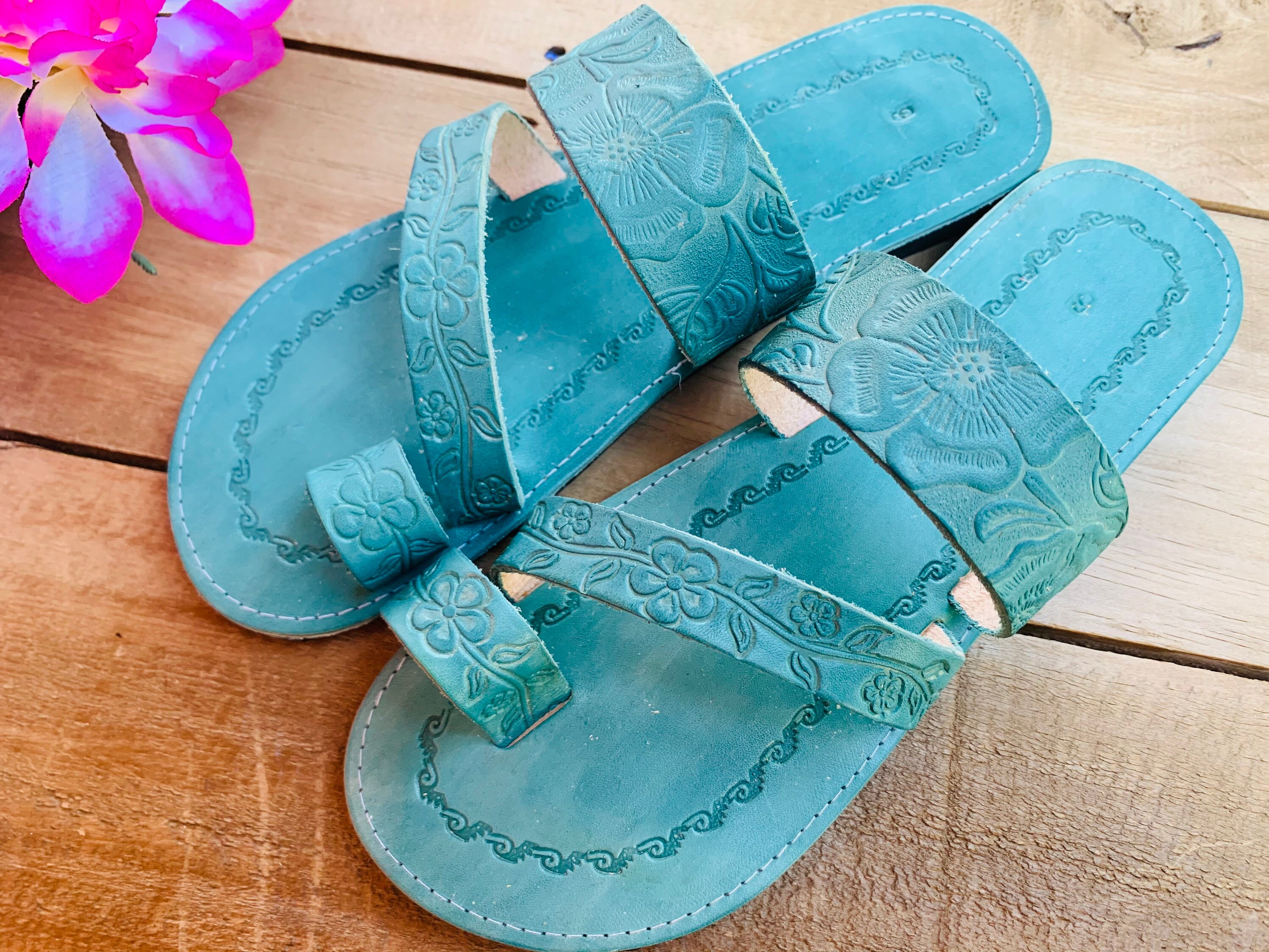 Teal Leather Sandals Woman Mexican Shoes Vintage Style | Etsy