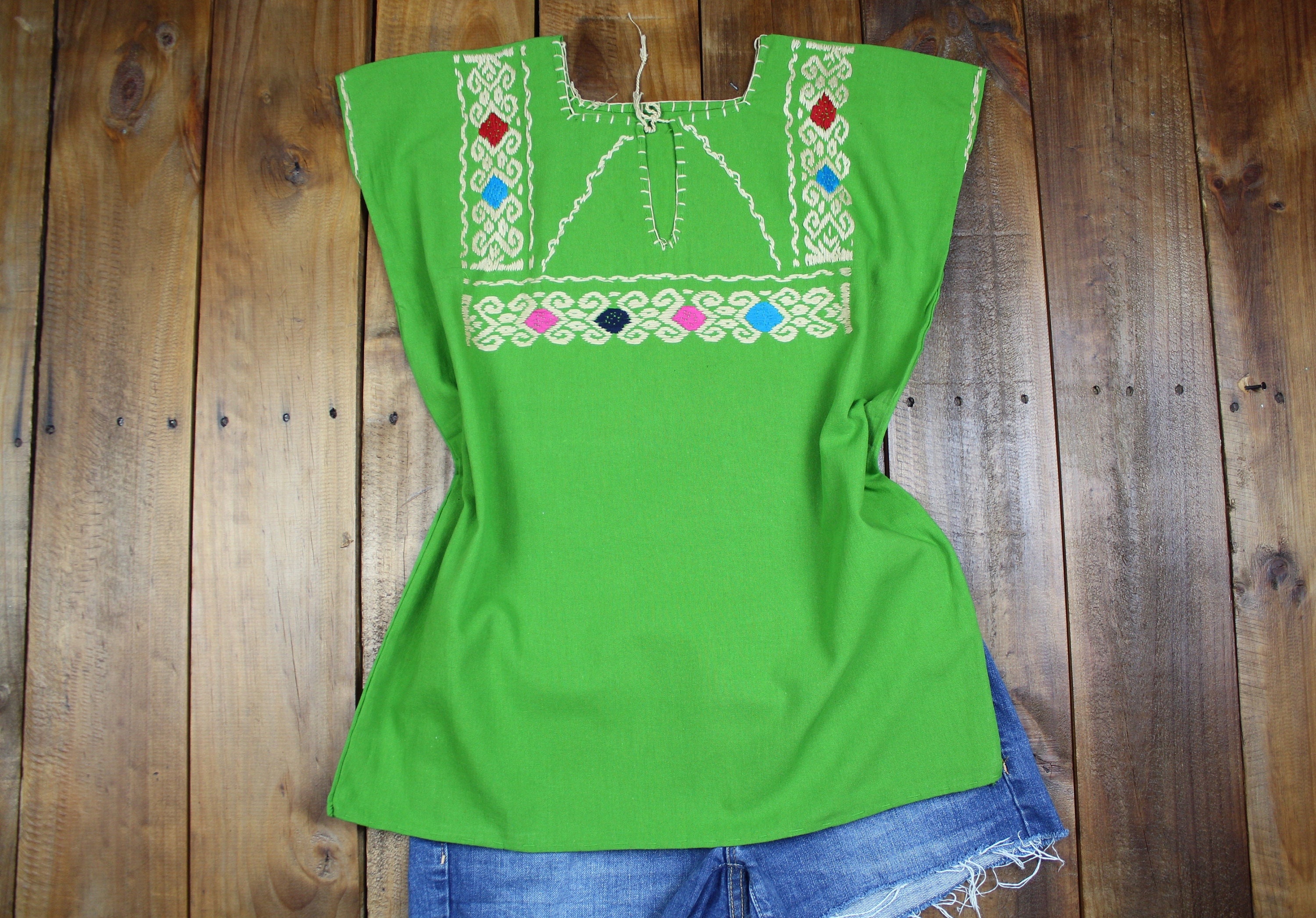 Traditional Hand Embroidered Multicolor Mexican Huipil Manta | Etsy