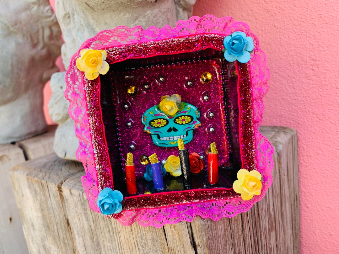 Sugar Skull Shadow Box Handmade Sacred Heart Amor Loved Lace 3D Fiesta ...