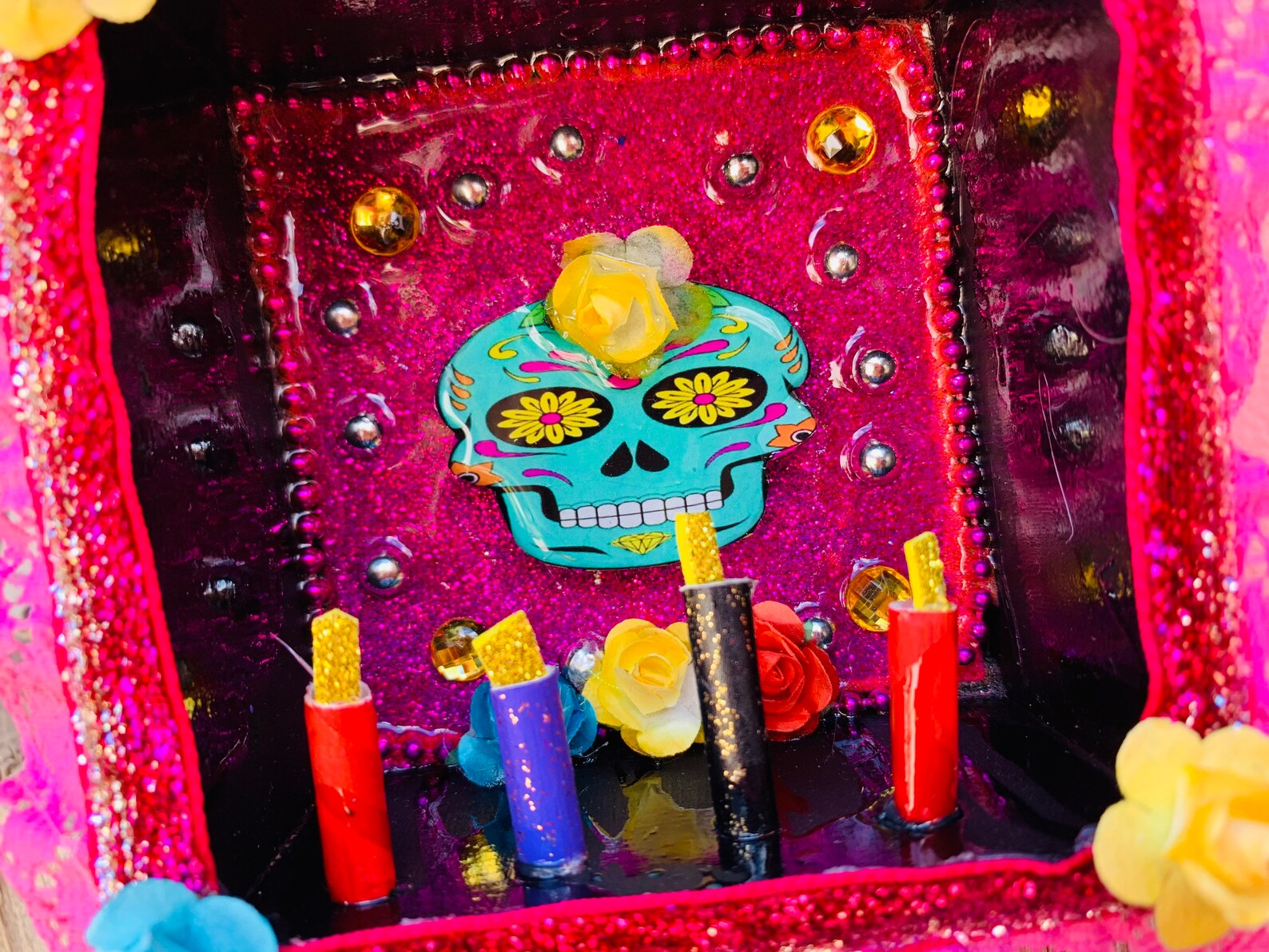 Sugar Skull Shadow Box Handmade Sacred Heart Amor Loved Lace 3D Fiesta ...