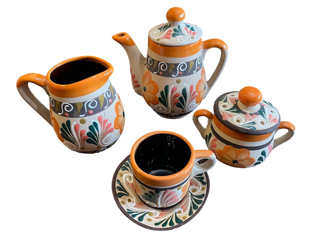 16 Piece Coffee Set Hand Painted CERAMIC Clay Mug Decor Talavera Mother ...