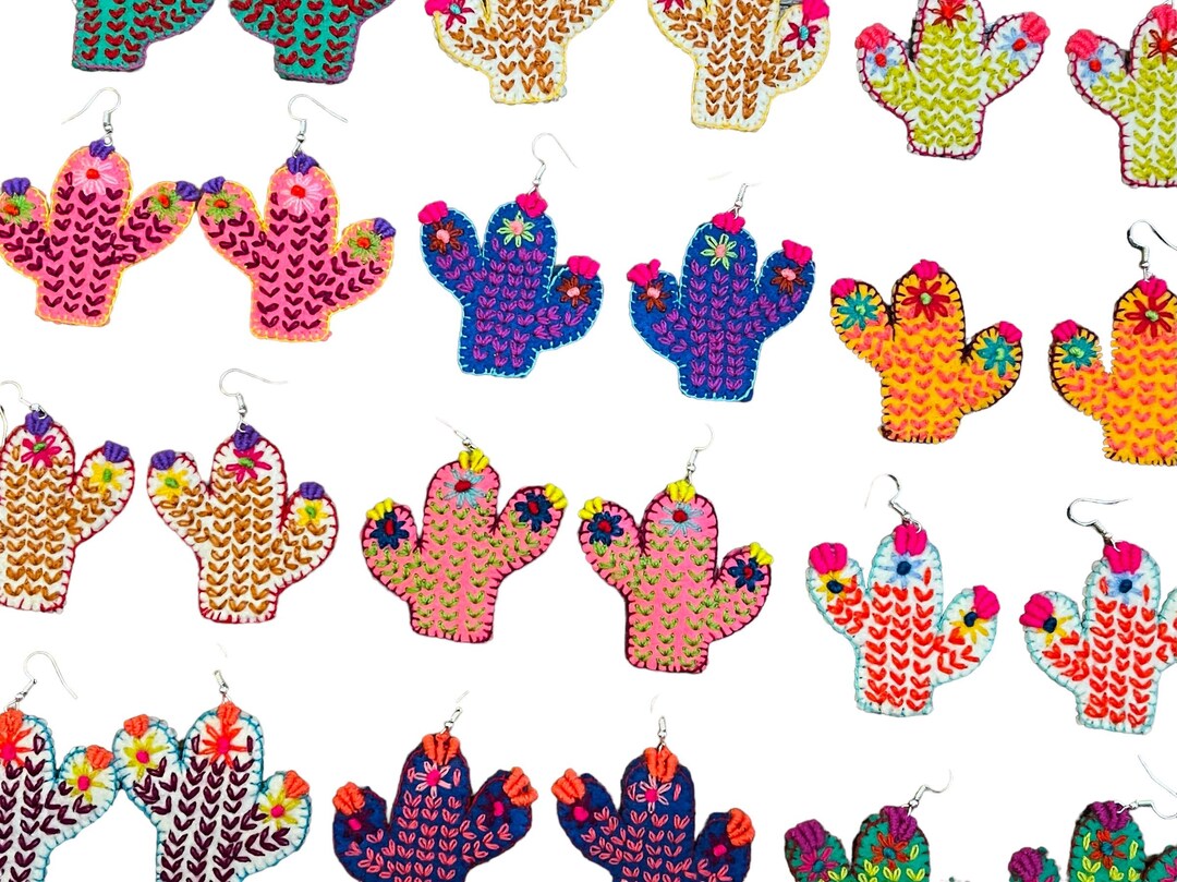 Cactus Nopal Hand Embroidered Earrings Felt Fiesta-folk Art-party ...