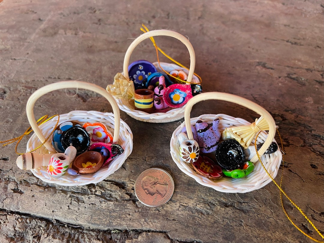 Set of 3 Handmade Mexican Kitchen Mini Basket Ornaments-wood Clay ...