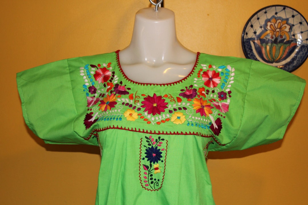 Mexican Embroidered Tunic -embroidered by Hand- Lime Green (small) BOHO ...