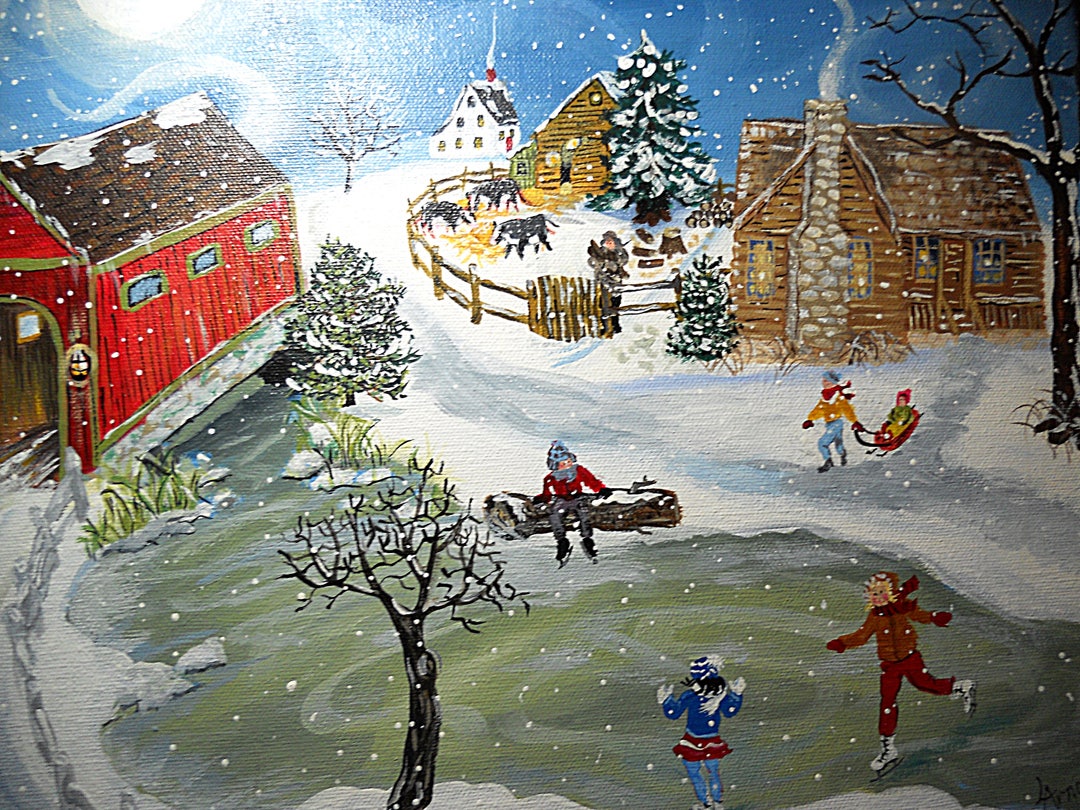 Original Folk Art Primitive Log Cabin Winter Scene,covered Bridge,farm ...
