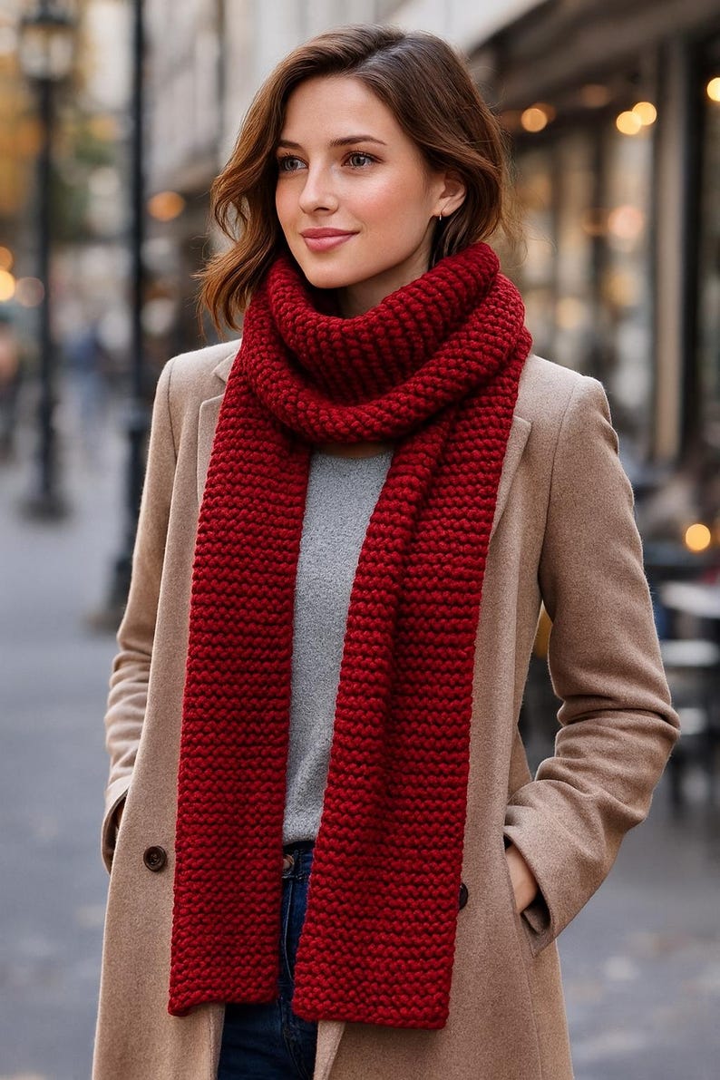 Hand Knit Dark Red Scarf Chunky Winter Scarf Christmas Scarf Cozy ...