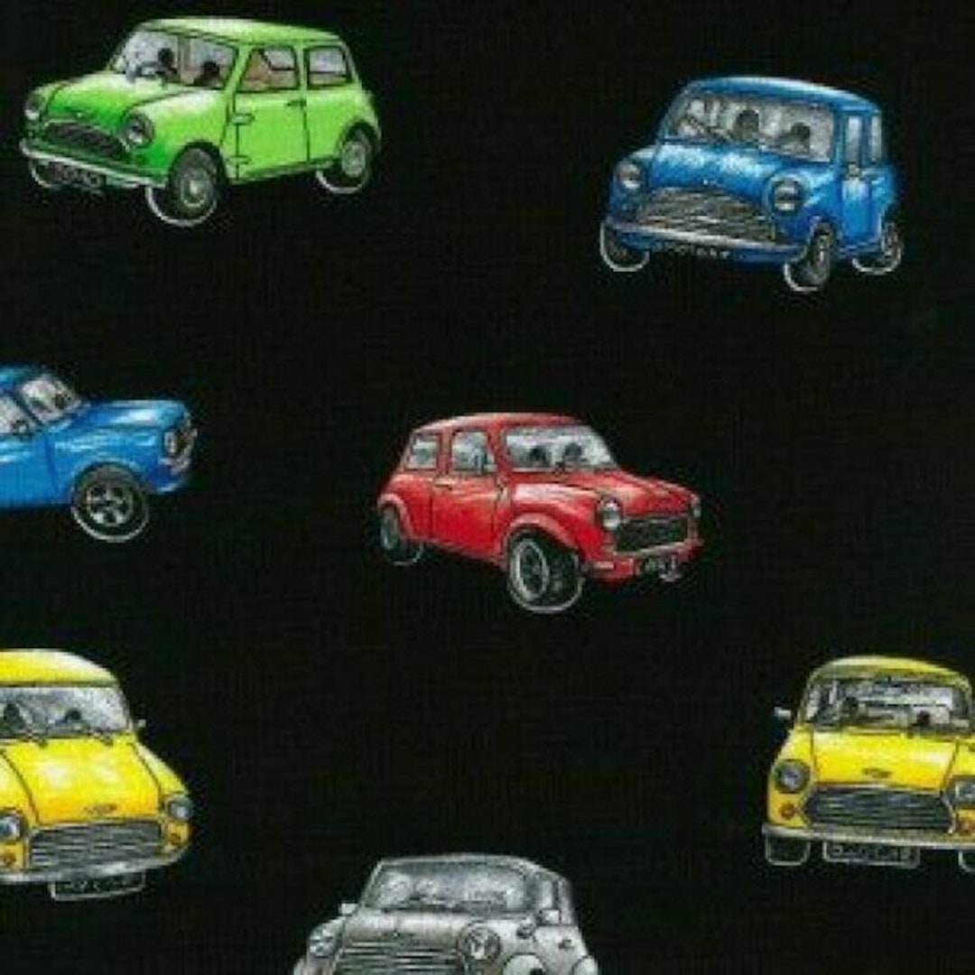 100% Cotton Fabric Nutex Magic Mini Cooper Cars Retro Vintage Car ...