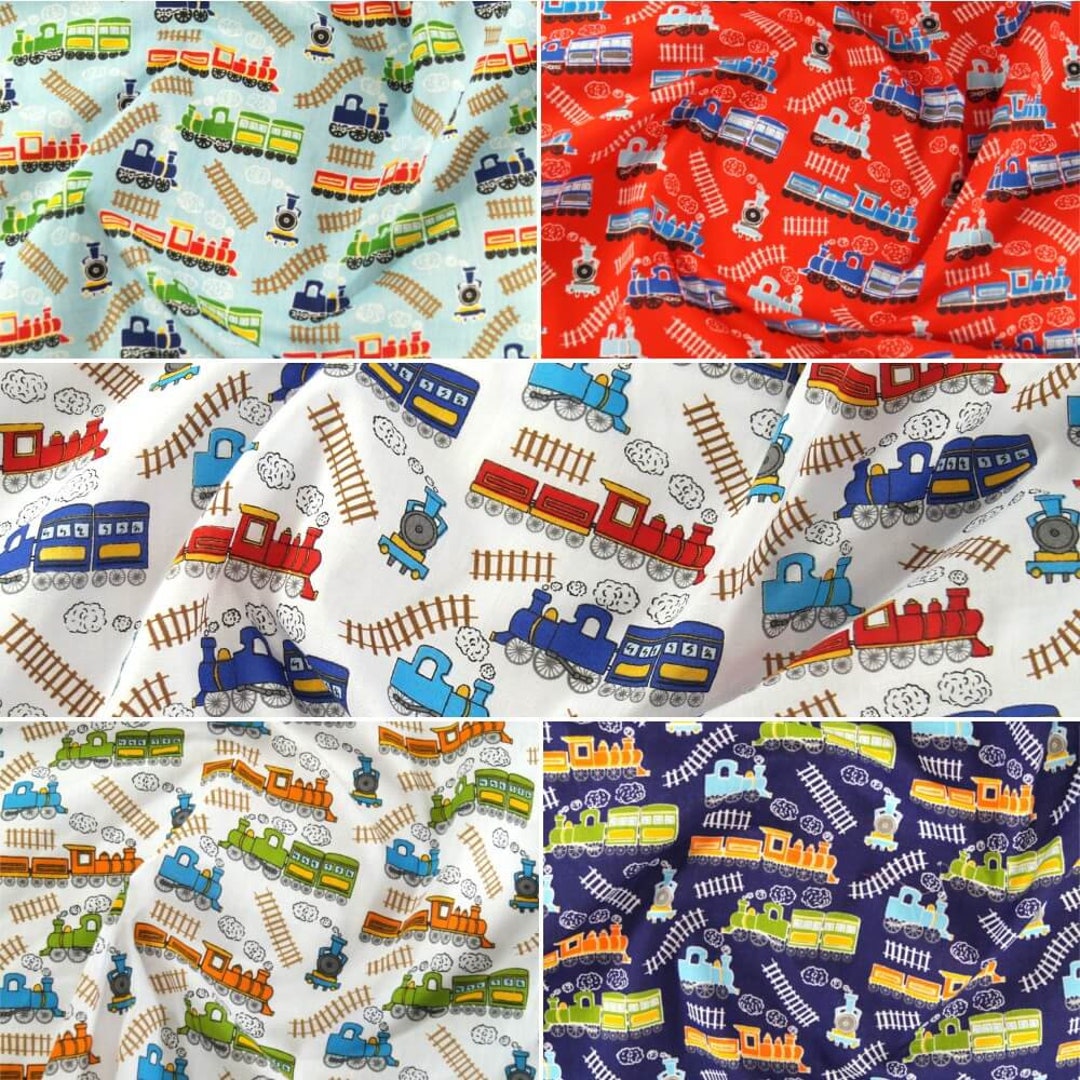 Polycotton Fabric Cartoon Steam Trains Railway Tracks Steam Locomotive ...