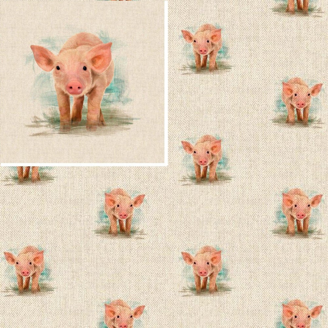 Cotton Rich Linen Look Fabric Pig Piglet Piggy or Panel Upholstery ...