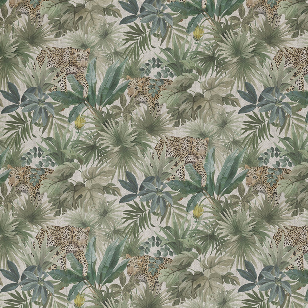 Cotton Rich Linen Look Fabric Digital Jungle Jaguar Leopard Animal ...