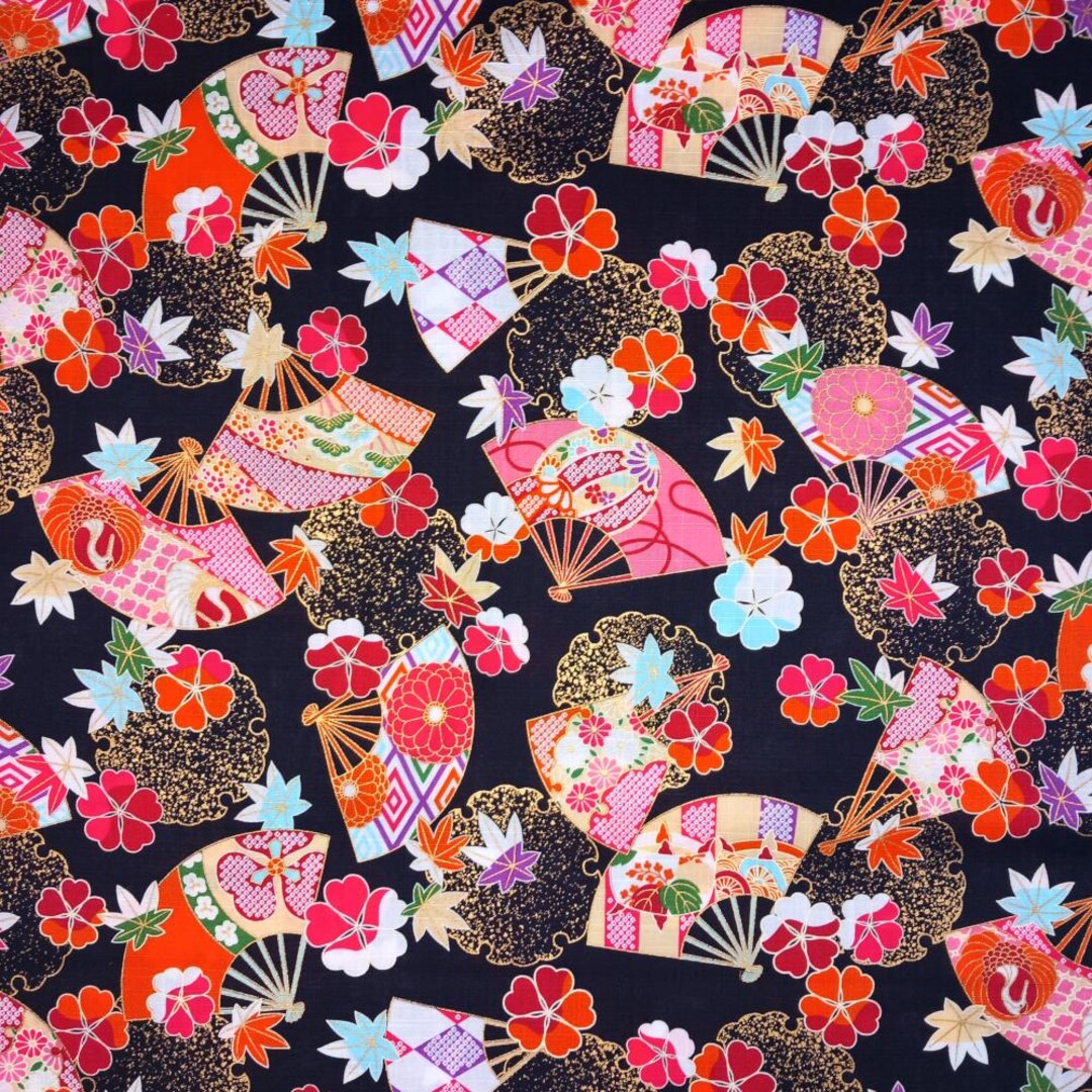 100% Japanese Cotton Fabric Nutex Yobi Flower Floral Fans Metallic ...