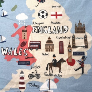 100% Cotton Digital Fabric Oh Sew United Kingdom Cartoon Country Map ...