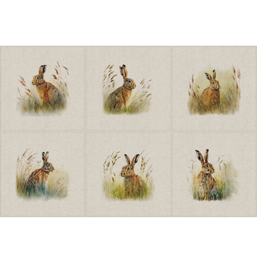 Cotton Rich Linen Look Fabric Digital Country Hares Hare Rabbit Panel ...