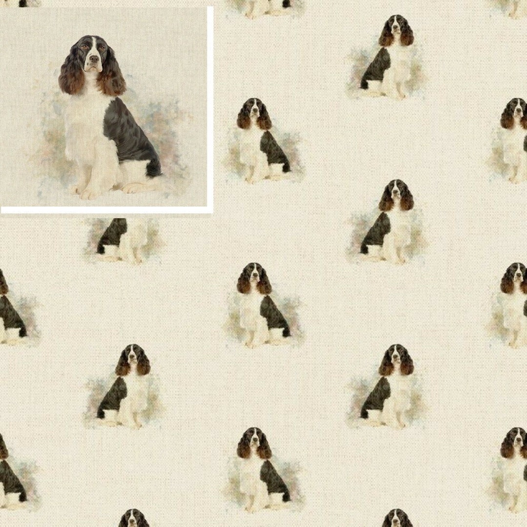 Cotton Rich Linen Look Fabric Springer Spaniel Dog or Panel Upholstery ...