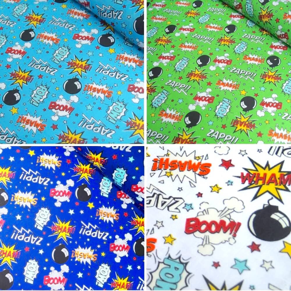 Polycotton Fabric Comic Book Sounds Smash Boom Zap Wham Bomb Stars Pow ...