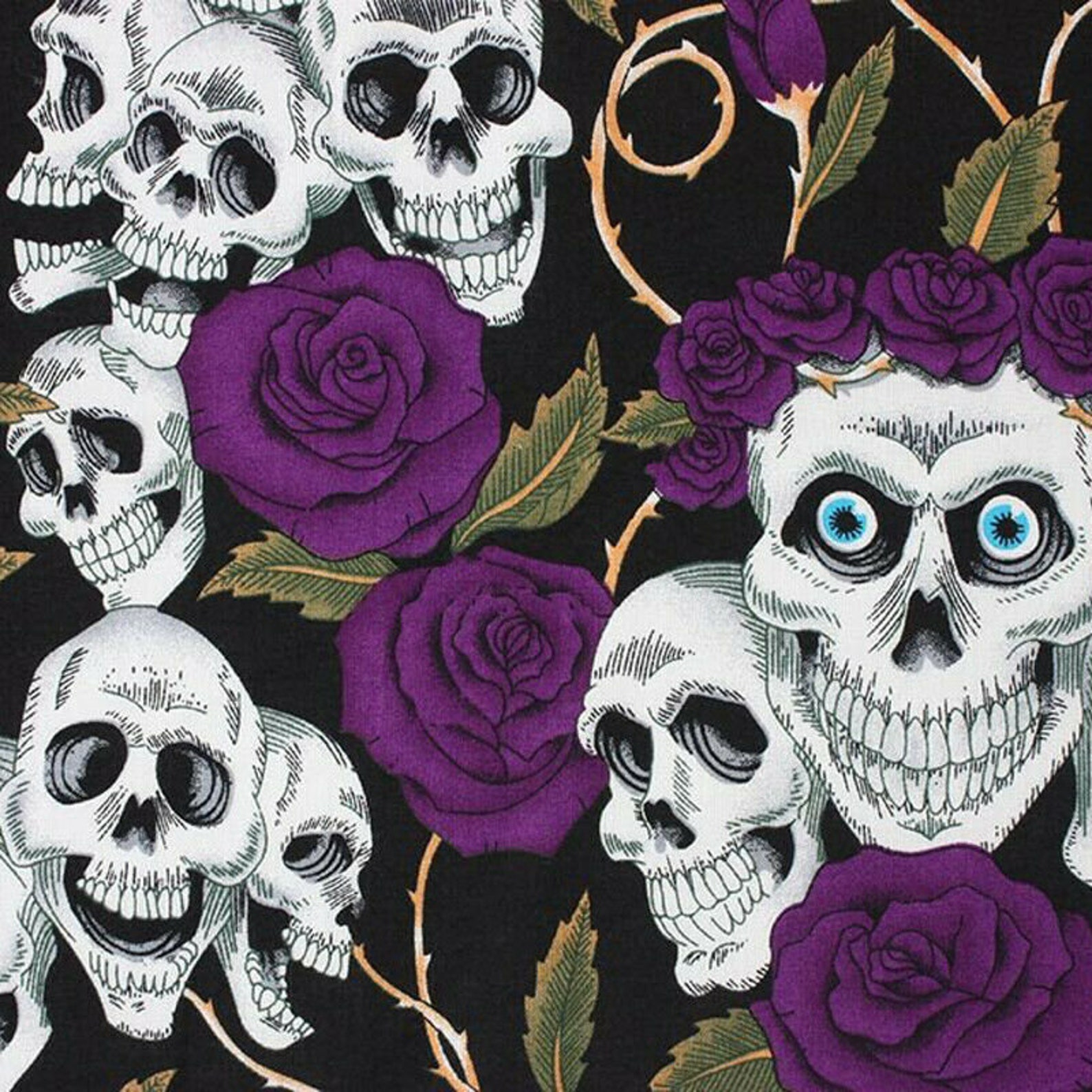 100% Cotton Fabric Large Skulls and Roses Thorns Halloween - Etsy